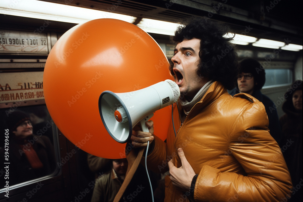 Man yelling into a megaphone while riding a city subway. Retro look ...