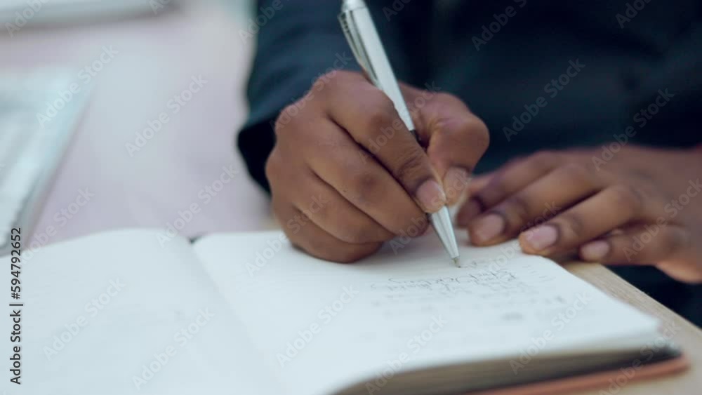 Businessman, typing and hands writing in planning for reminder, task or ...