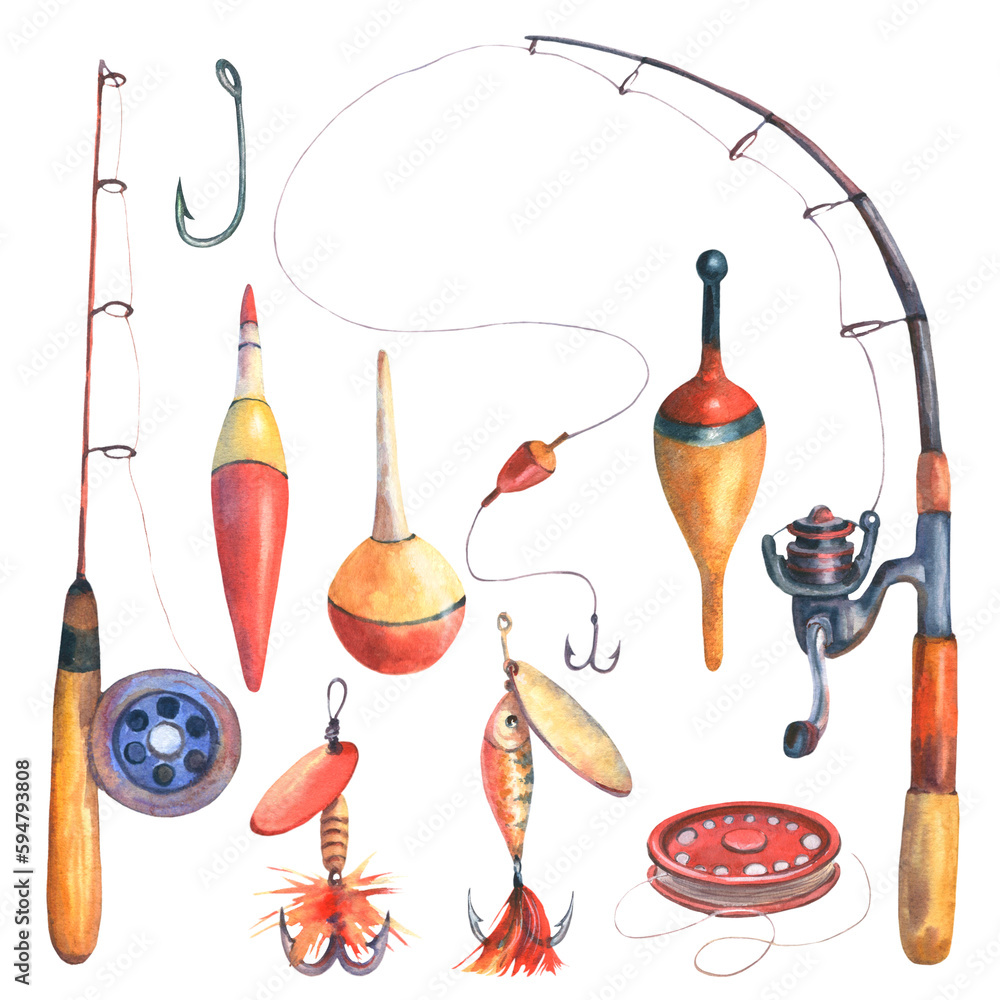 Set of fishing tackle, fishing rod, bobber float,, hooks and lures ...