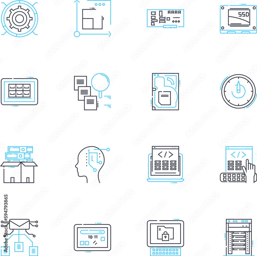 Audio systems linear icons set. Amplifiers, Bluetooth, Bass, Computer ...