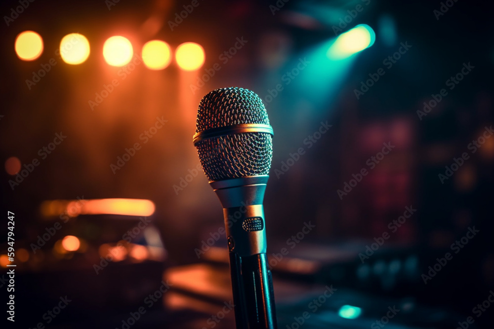Microphone in front of a stage with a blurred background Stock ...