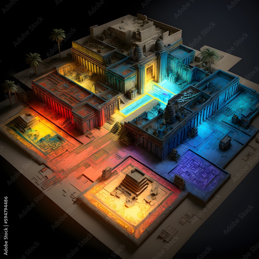 a colorful fantasy map of the connected floorplans of two ancient ...