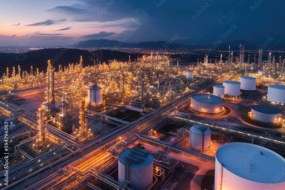 Oil refinery with oil storage tank with price graph and petrochemical ...