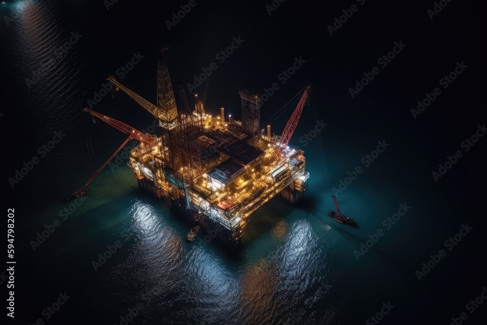 Aerial view construction offshore jack up rig drill at night, Offshore ...