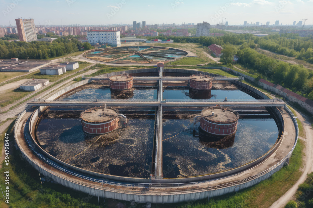 Aerial top view circle water treatment plant circular clarifier, Aerial ...