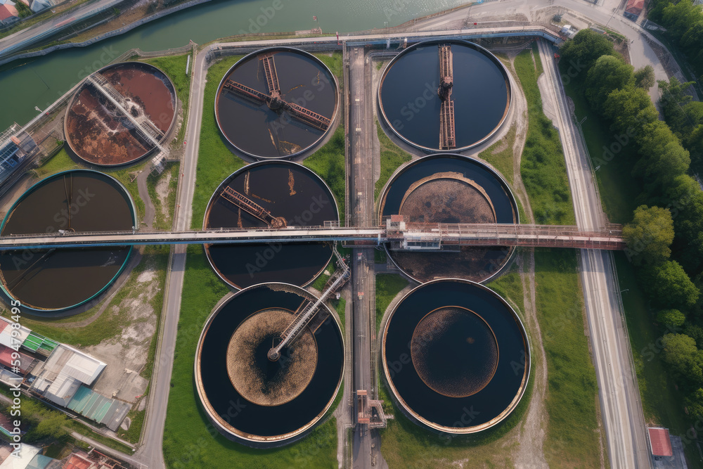 Aerial top view circle water treatment plant circular clarifier, Aerial ...