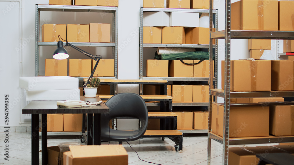 Depot warehouse with office desk and stock to do inventory and ship ...