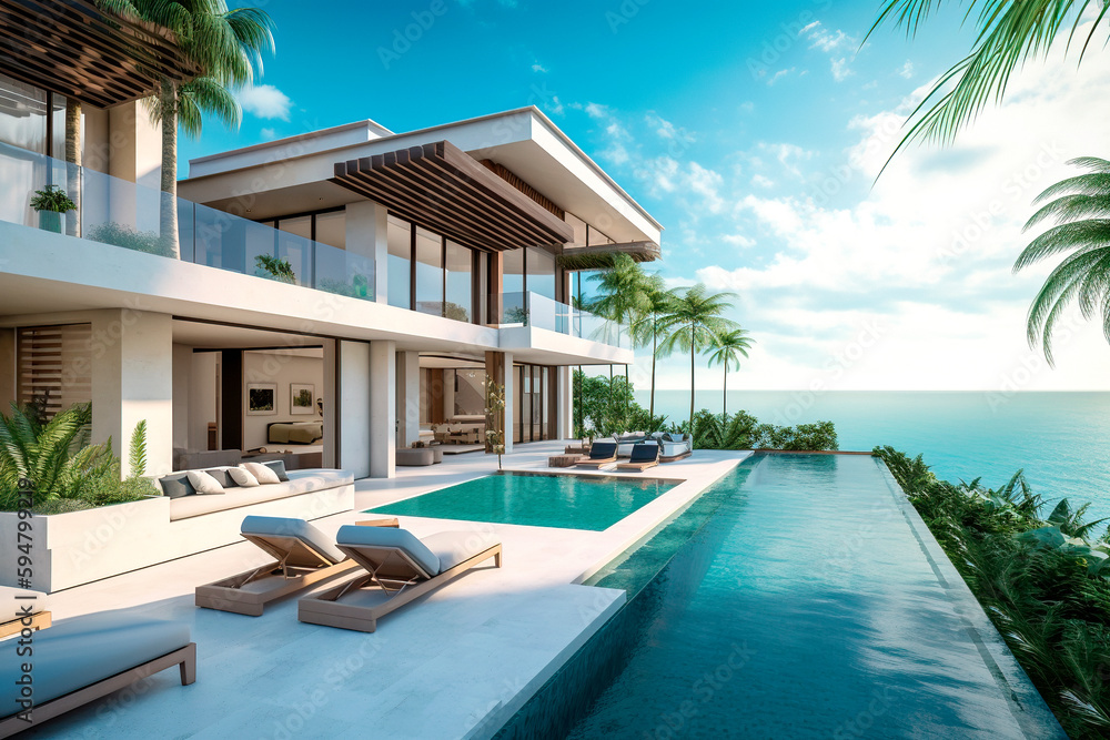 Sea view.Luxury modern white beach hotel with swimming pool. Sunbed on ...