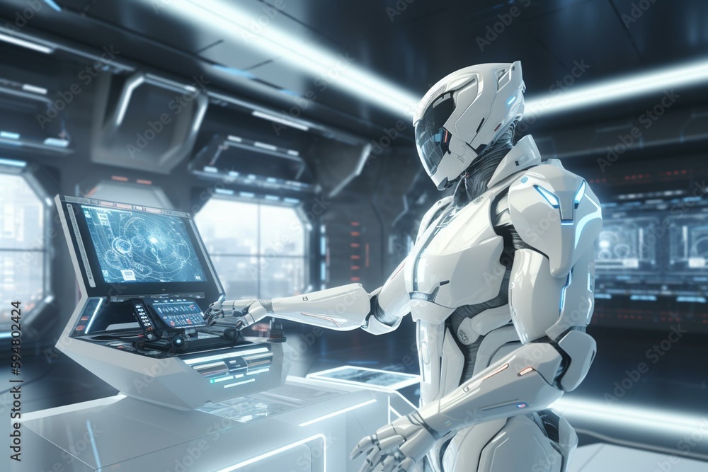 Robot cyborg in a control room flying a white modern spaceship with ...