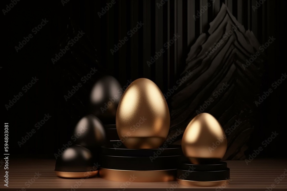 Golden Easter eggs and product podium stage with spotlight on black ...