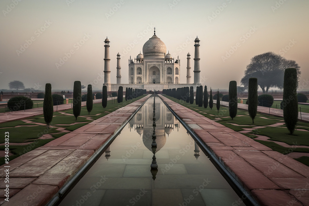 The Taj Mahal, photographed from the reflecting pool in front of it at ...