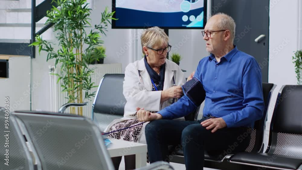Cardiologist measuring man pulse pressure and hypertension using ...