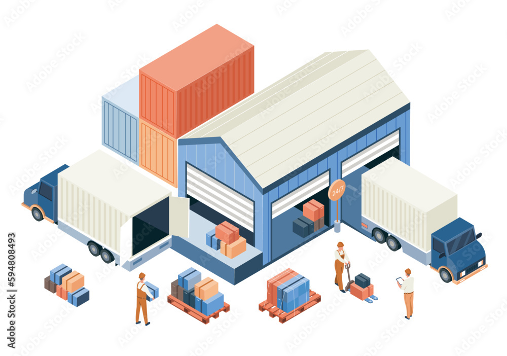 Set of logistic. Workers in warehouse with boxes near transport. Import ...