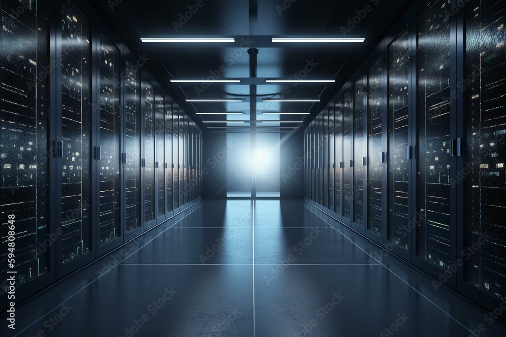 Server Racks In Cloud Data Center With Database Hardware And Cluster Computer Backup Hosting