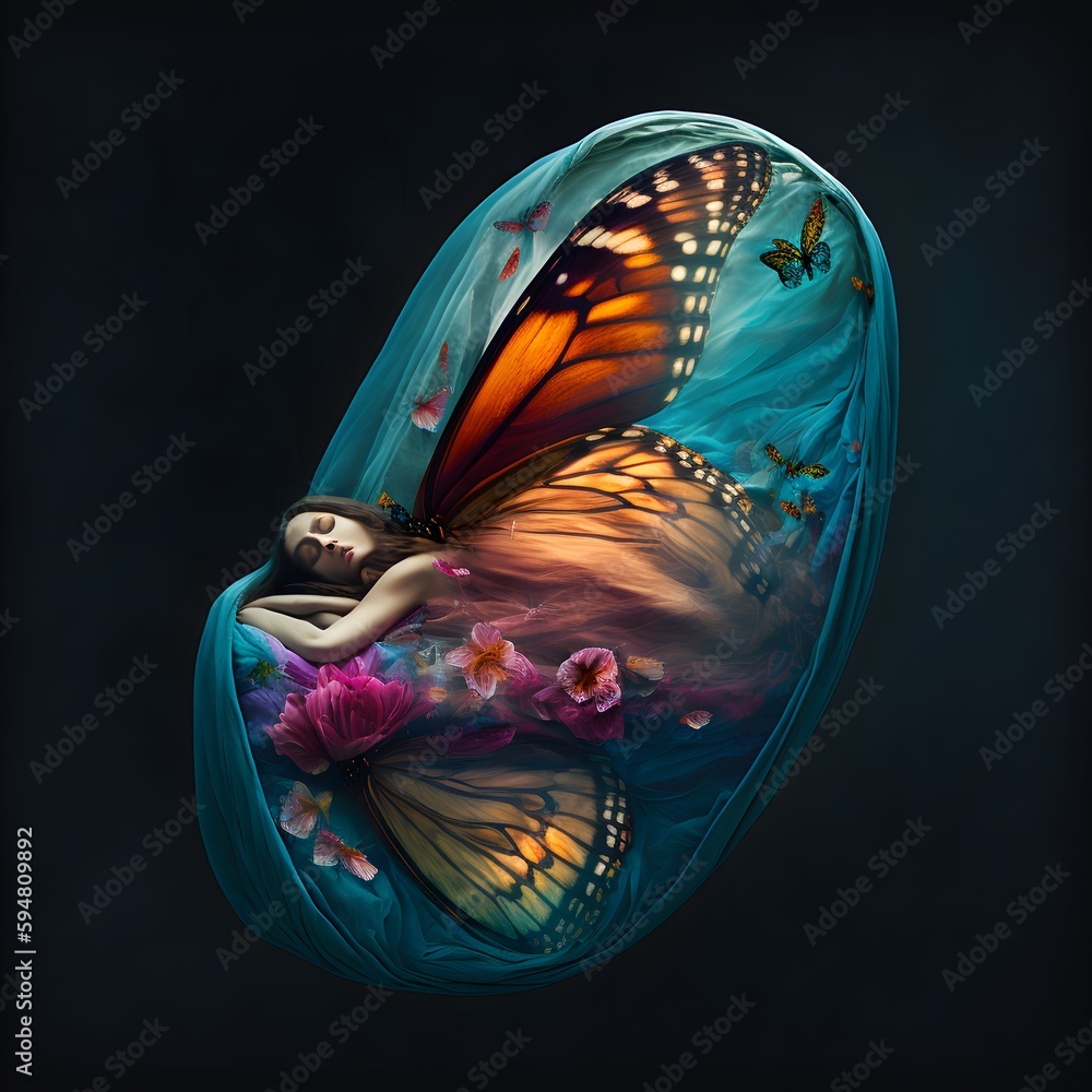 woman sleeping in a chrysalis and next to her there is a butterfly full ...