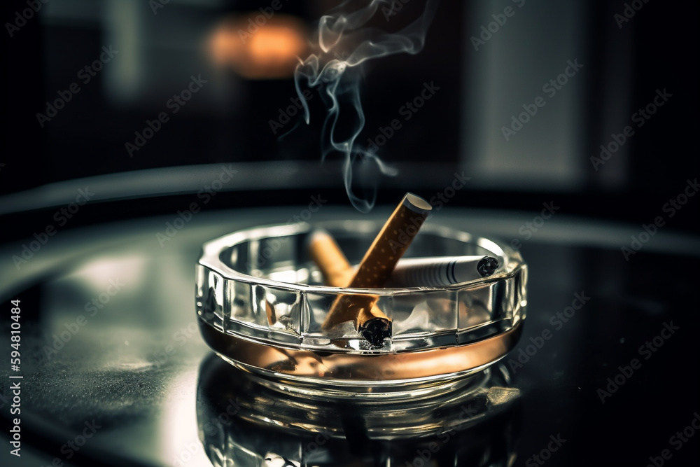 Cigarette in an ashtray with smoke that is coming up. Nicotine tobacco ...