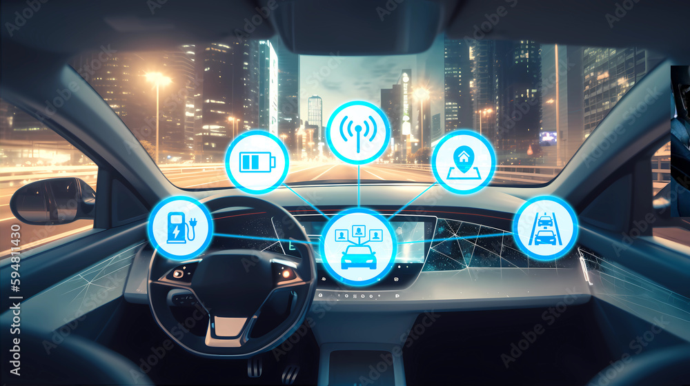 Self-driving autonomous car is driving on busy highway road in the city ...