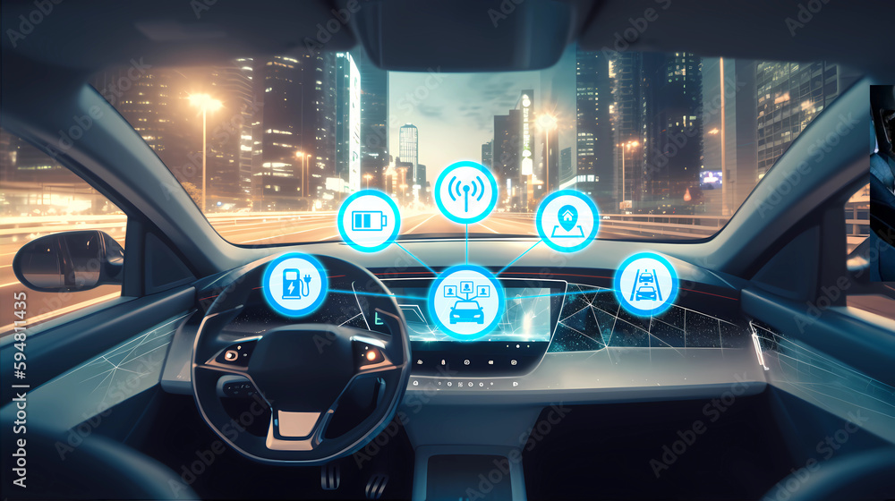 Self-driving autonomous car is driving on busy highway road in the city ...