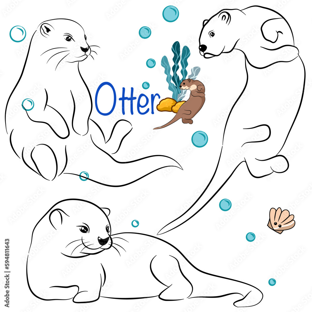 Cute otter doodle collection in different poses in free hand drawing vector illustration style ...