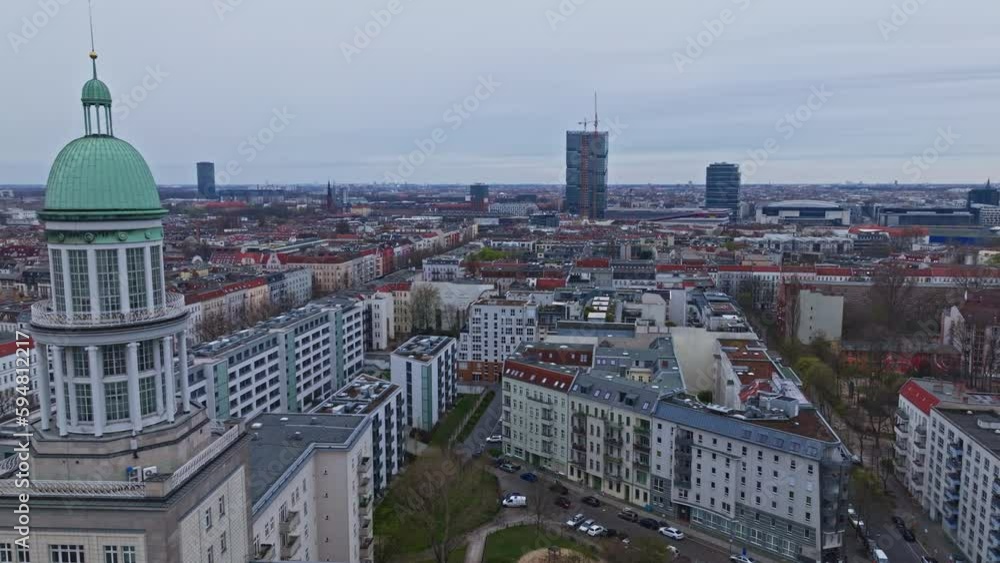 Drone shot of The Frankfurter Tor (Frankfurt Gate) , it is a large square in the inner-city ...