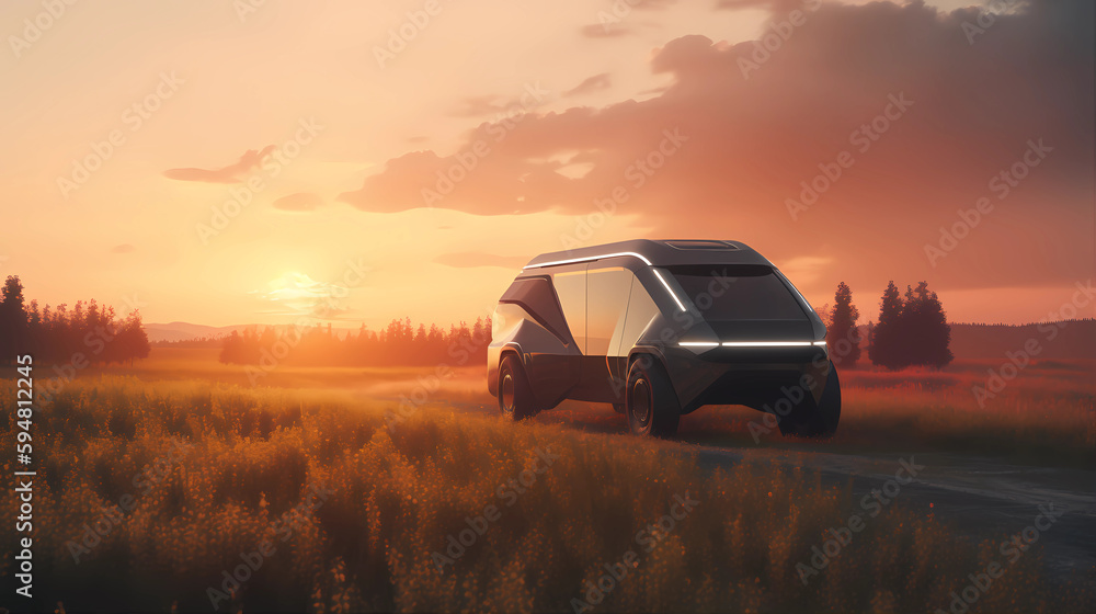 Future electric Camper, Van or Motorhome in a rural region. Sustainable ...