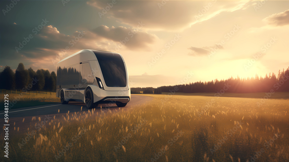 Future electric Camper, Van or Motorhome in a rural region. Sustainable ...