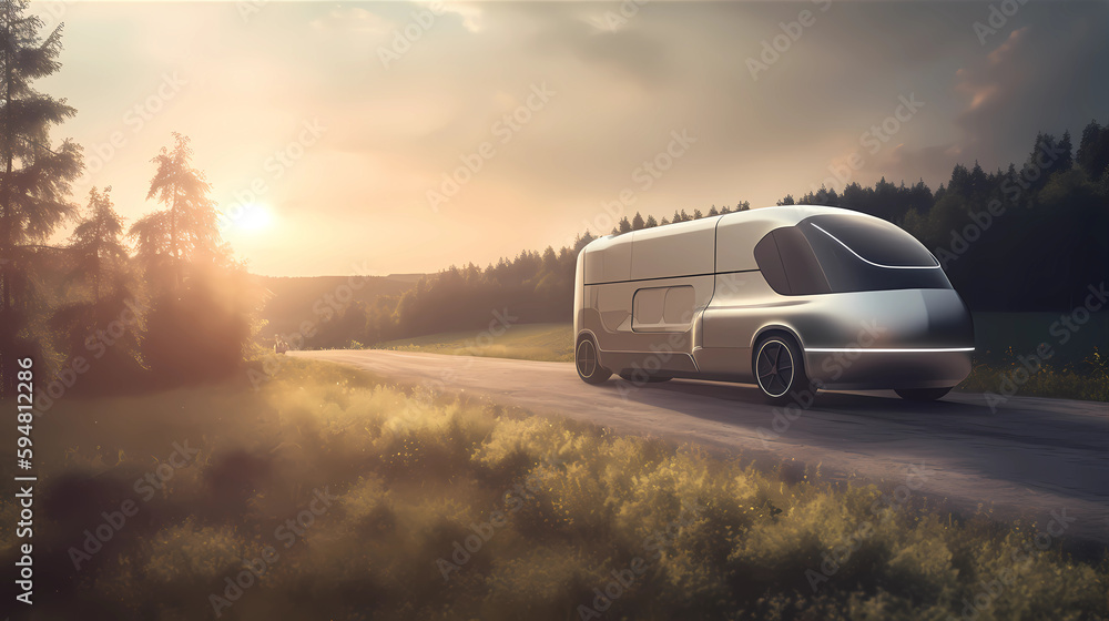 Future electric Camper, Van or Motorhome in a rural region. Sustainable ...