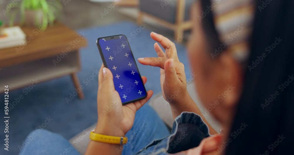 Woman, hands and phone with green screen tracking markers for browsing ...