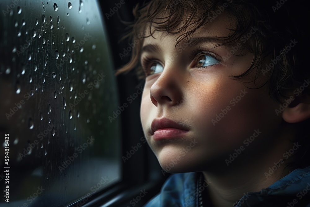 Captivating close-up photo of a young boy looking out a car window on a ...