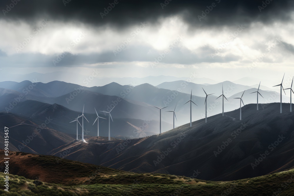 Epic panorama view of a mountain ridge with wind turbines standing tall ...