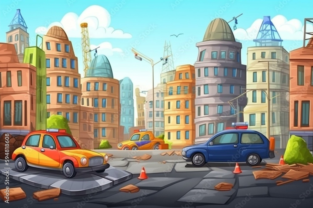 cartoon scene with funny looking police car driving through the city ...