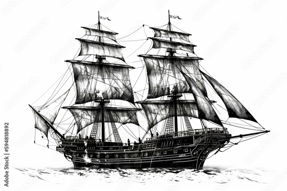 sailor ship barque Isolated black pirate ship on a white background ...