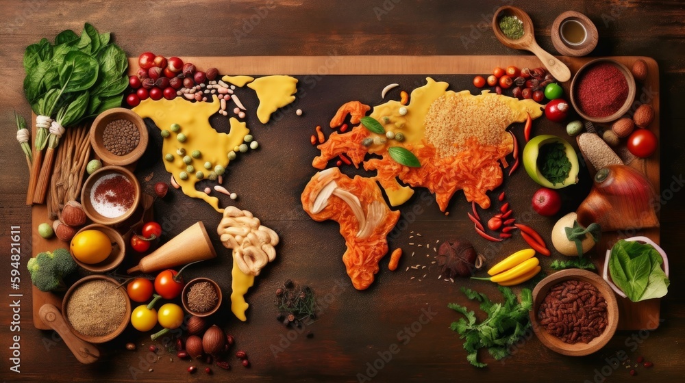 Food from many countries, parts of the world, representing diverse ...