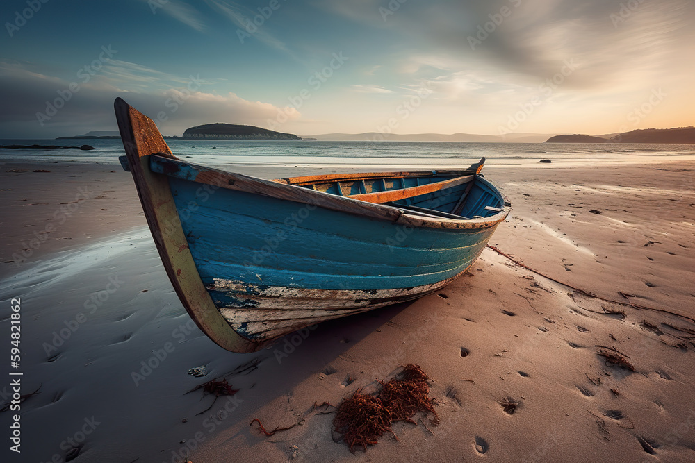 Wooden fishing boat on a sandy beach. Fishermans boat or dhow on sand ...