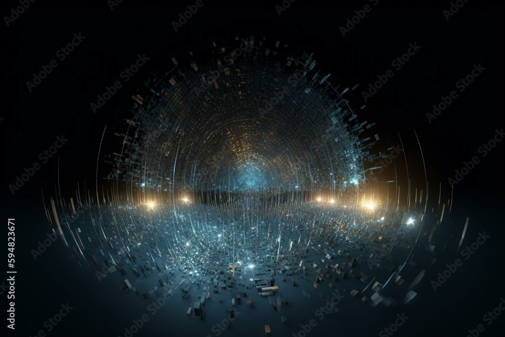 360 degree panoramic view into energy particles swarm. 3d illustration ...