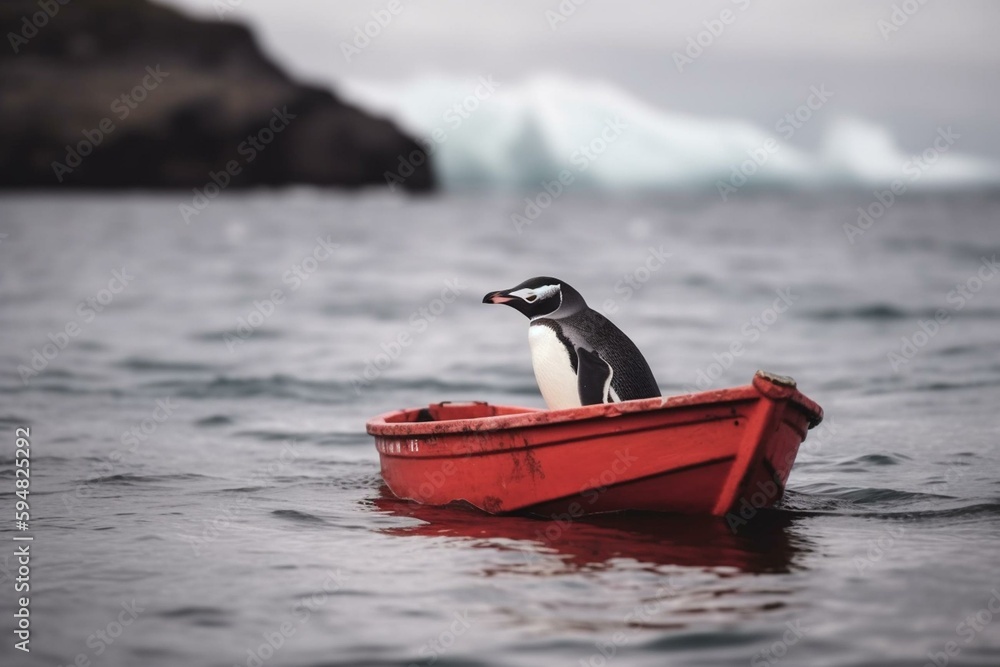 Penguin on a red boat in the ocean. Travel and journey concept ...