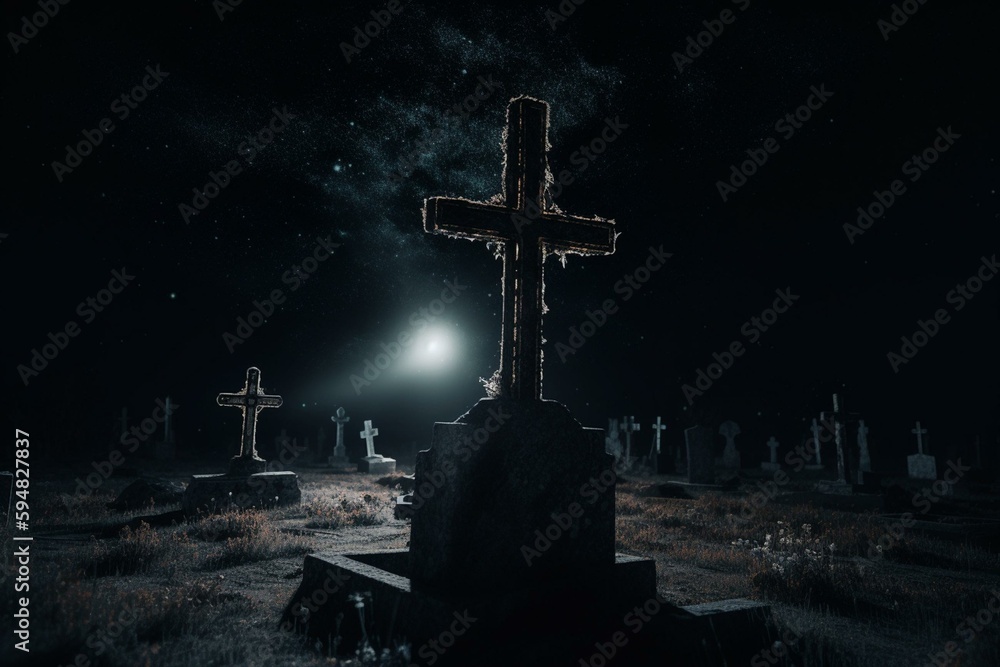 Dark and spooky christian cross in old cemetery, dark night, generative ...