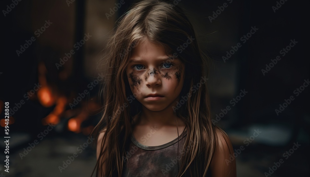 a girl with burned skin standing in front of buildings wreckage,natural ...