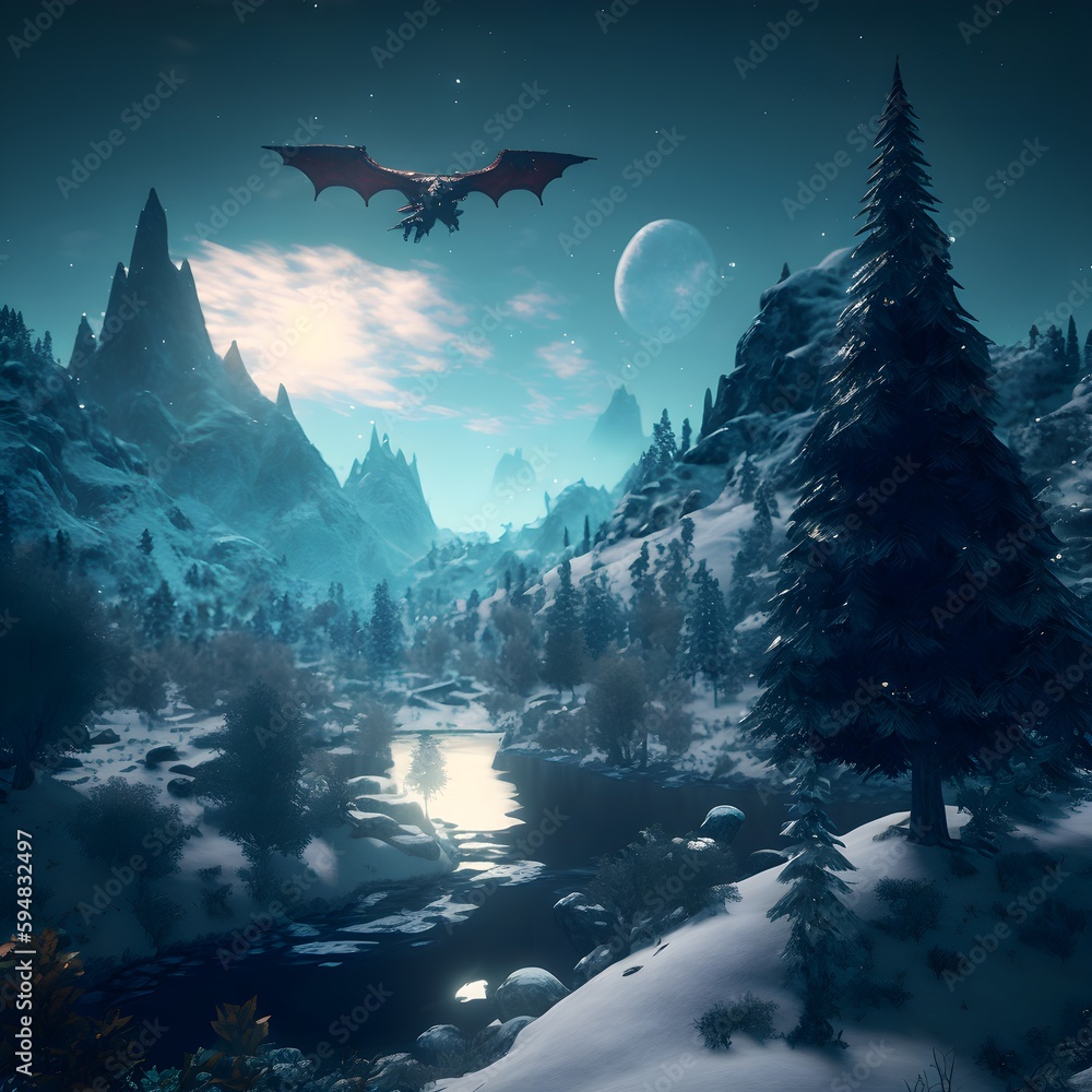 Skyrim Christmas landscape with dragon flying overhead beautiful ...