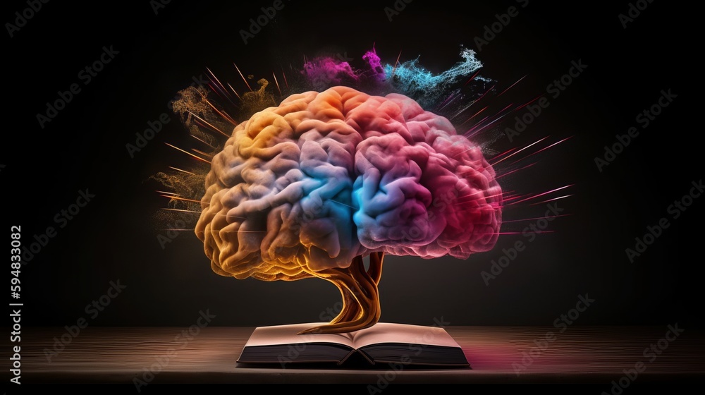 Concept art of a human brain exploding with knowledge and creativity from inside book. Brain ...