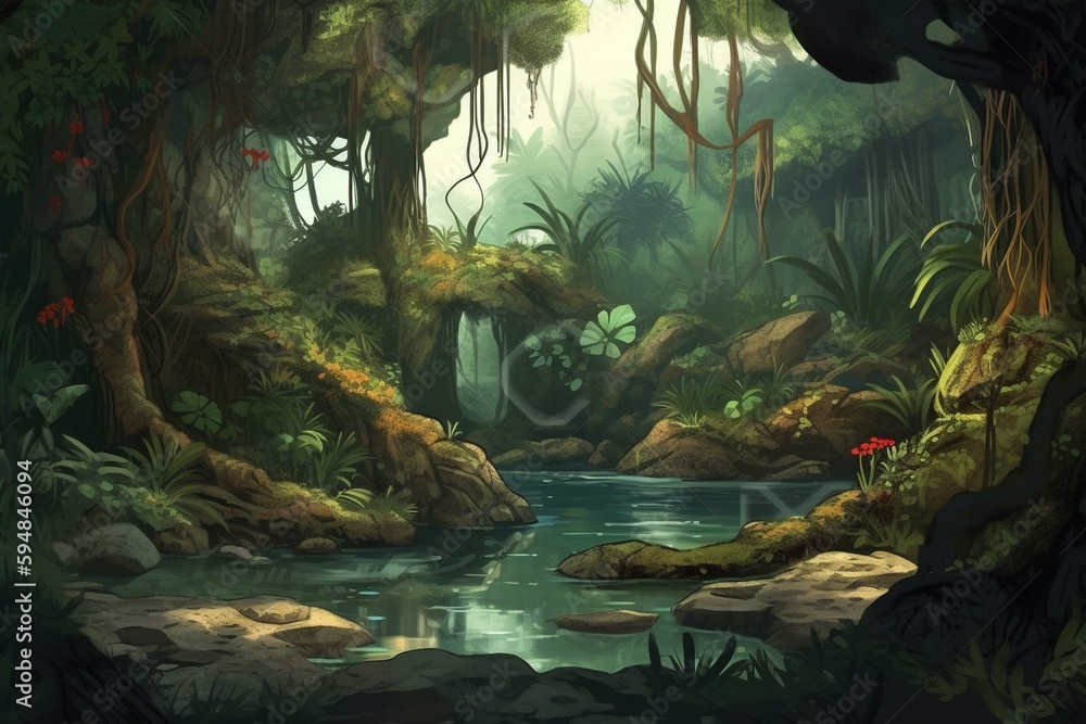 amazon rainforest, tropical vegetation, jungle landscape with creek ...
