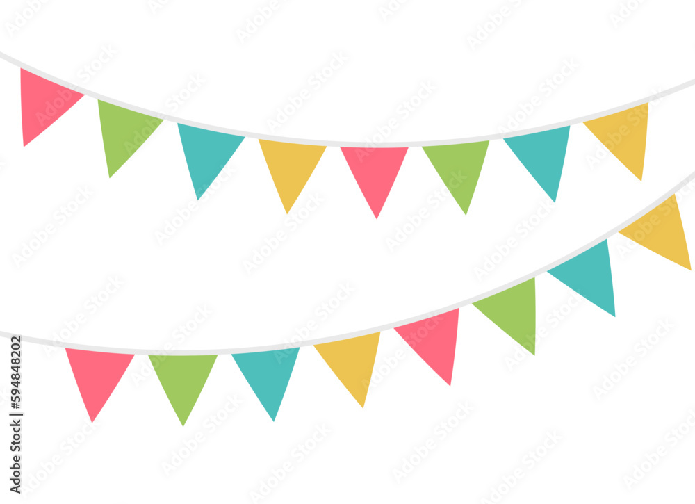 Multicolored triangular flags on ropes on a white background ...