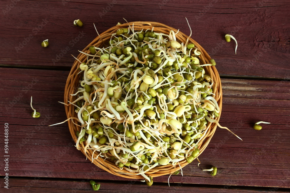 heap of sprouted green mung or moong beans also known as green gram ...