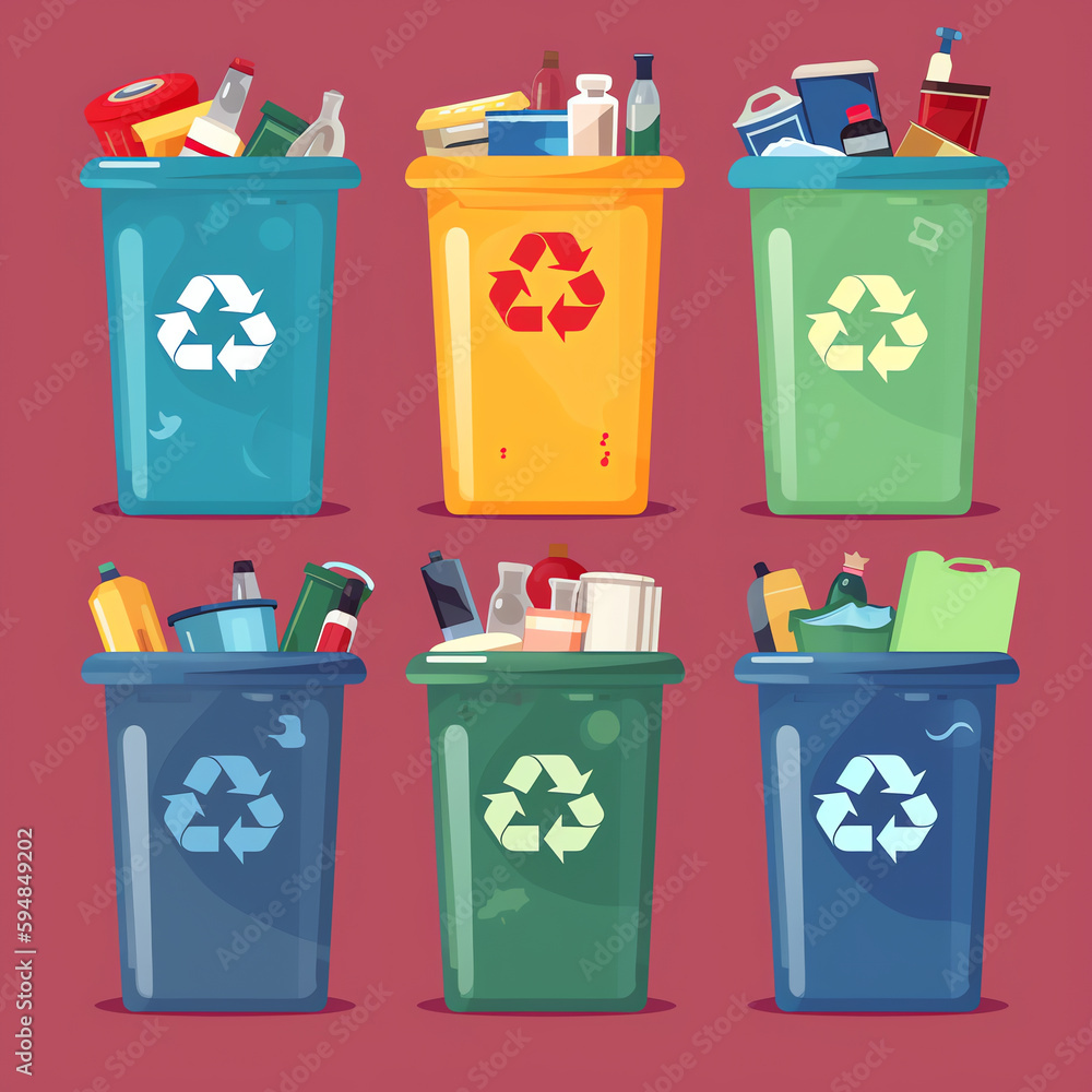 Recycling Bins: Flat style illustration of labeled bins for proper waste disposal to encourage ...