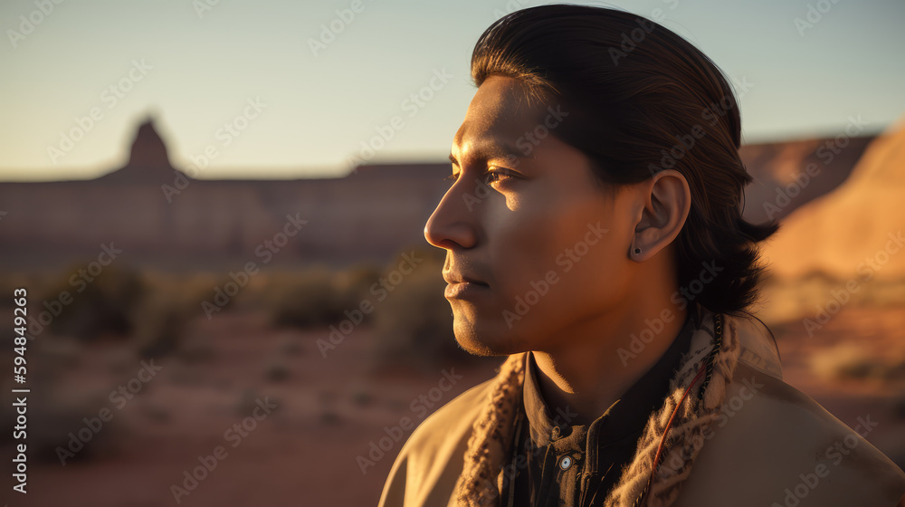 Side profile of young Native American man in the desert by generative ...