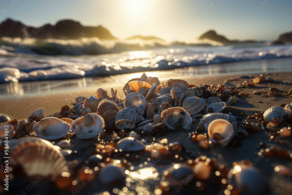 A collection of seashells on a beach creates an ideal natural landscape ...