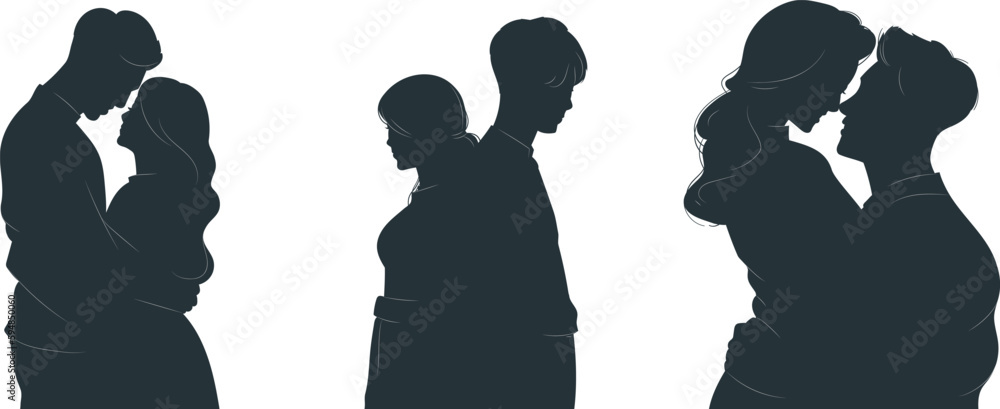 Silhouettes Of Three Happy Couple Holding Each Other Kissing And