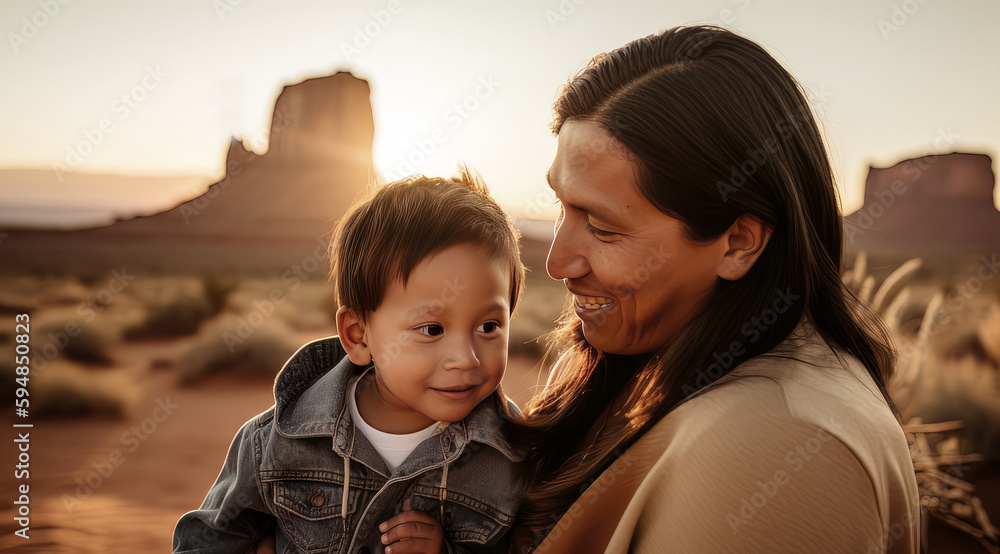 Young Native American father and son in the desert by generative AI ...