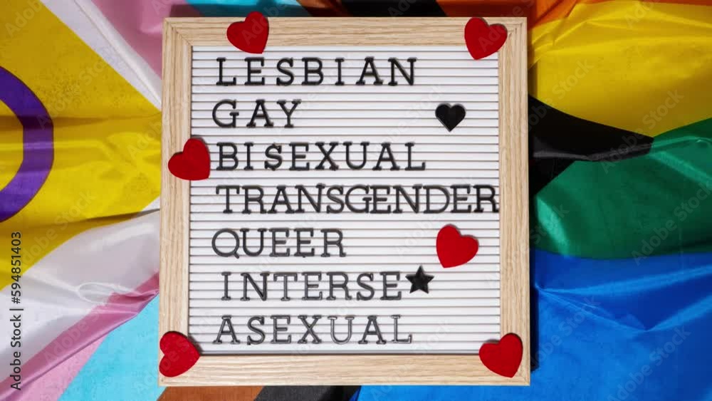 Zoom in out LGBTQIA description frame on Rainbow LGBTQIA flag made from ...