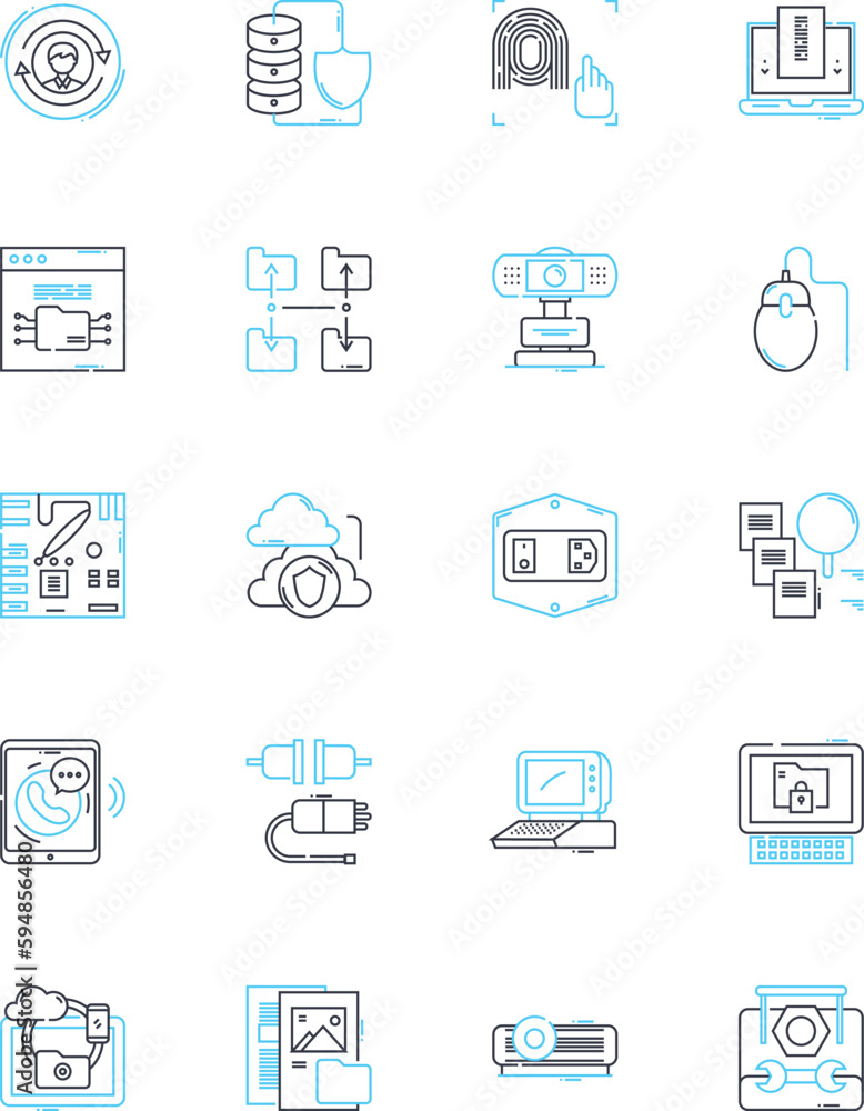 Video tools linear icons set. Edit, Record, Stream, Encode, Cut, Merge ...